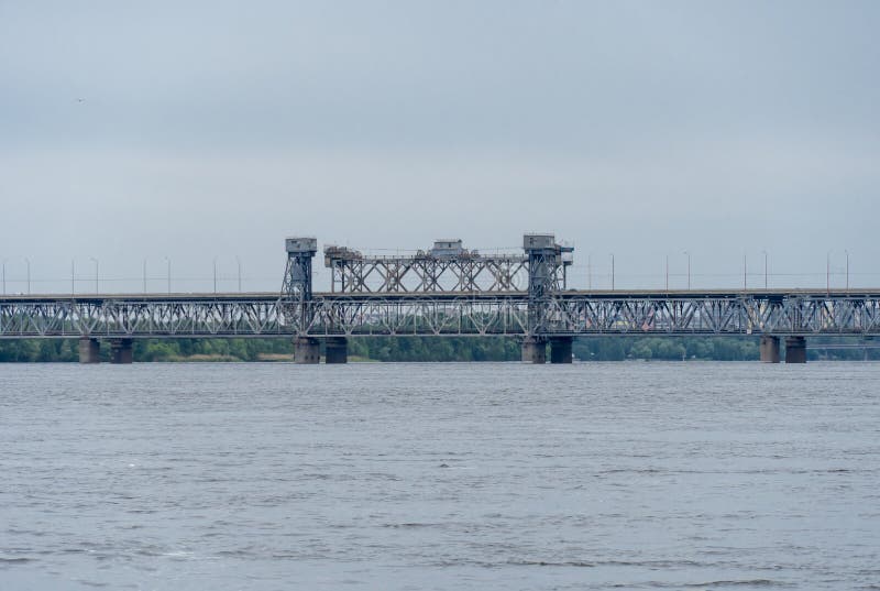 View on Road and Railway Bridge through River. Panorama on Bridge Stock ...