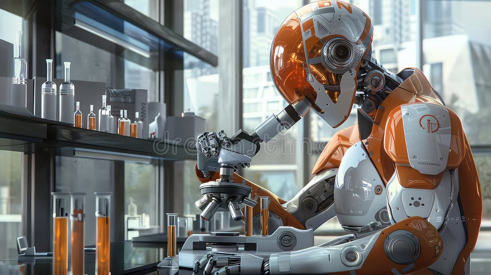 Robot Scientist Analyzing Samples with Microscope in Laboratory ...