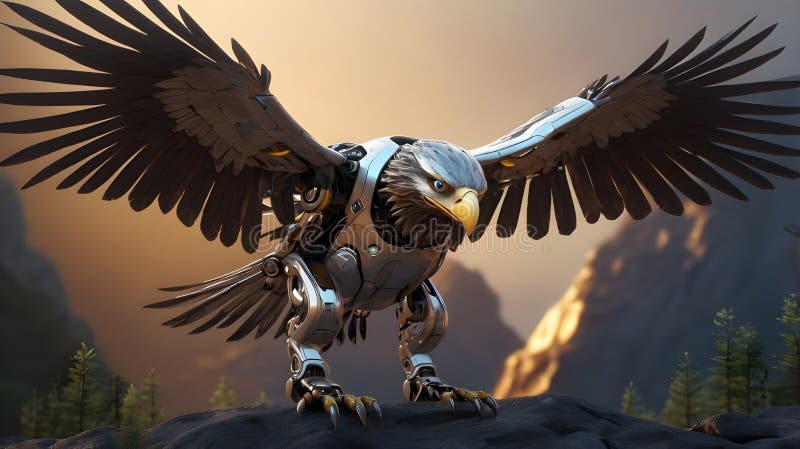 A Robotic Bird Eagle with Sleek Metallic Design and Glowing Eyes Stock ...