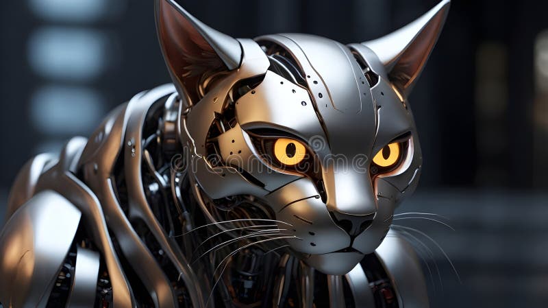 Robotic Cat with a Sleek Metallic Design, Glowing Eyes Stock ...