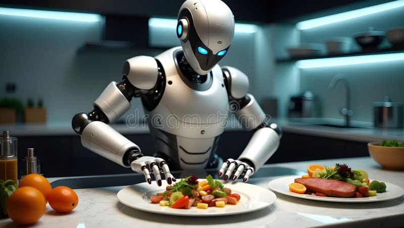 A Robotic Chef Preparing a Gourmet Meal in a High-tech Kitchen Stock ...