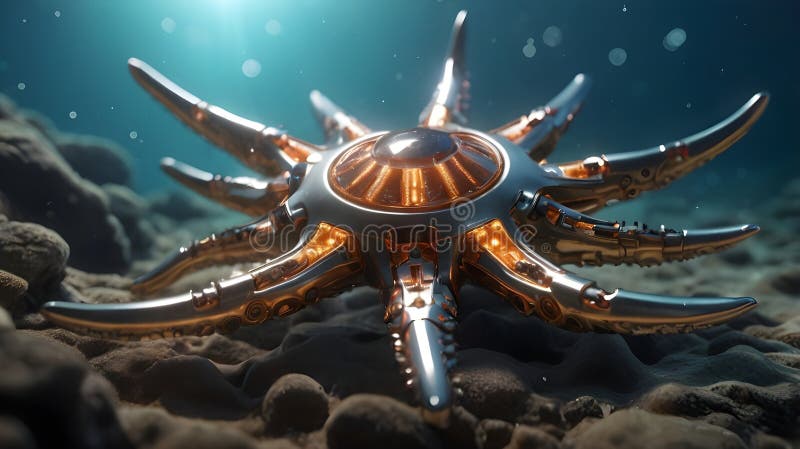 Robotic Starfish Under the Sea with a Sleek Metallic Design Stock ...