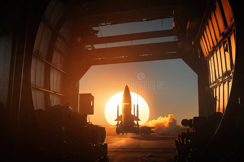 View of Rocket Launch from Inside Hangar, with Equipment and Vehicles ...