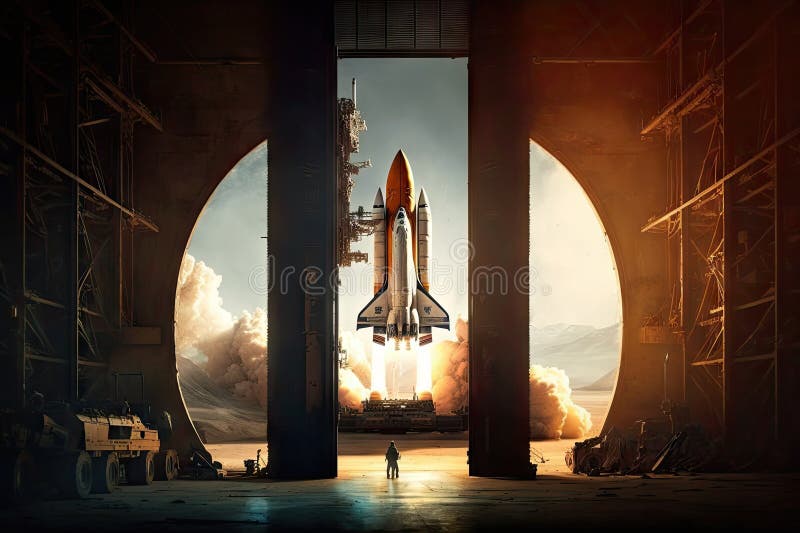 View of Rocket Launch from Inside Hangar, with Equipment and Vehicles ...