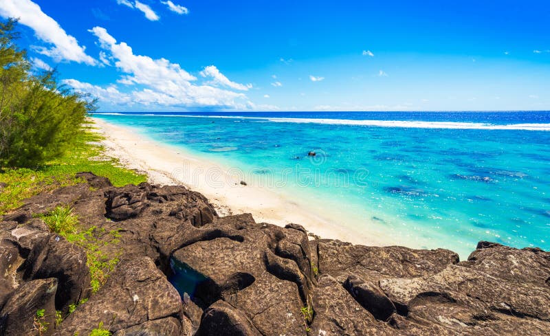 View of the Rocks on the Background of the Sandy Beach, Cook Islands ...