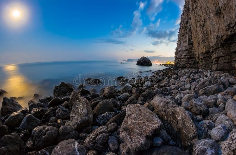 View of a Rocky Coast in Night. Long Exposure Shot Stock Photo - Image ...