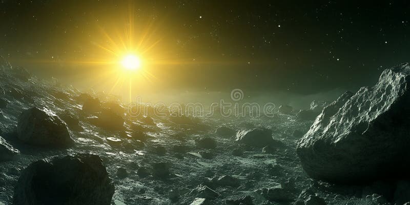 A View of a Rocky Landscape with a Bright Light Source in the Sky and a ...