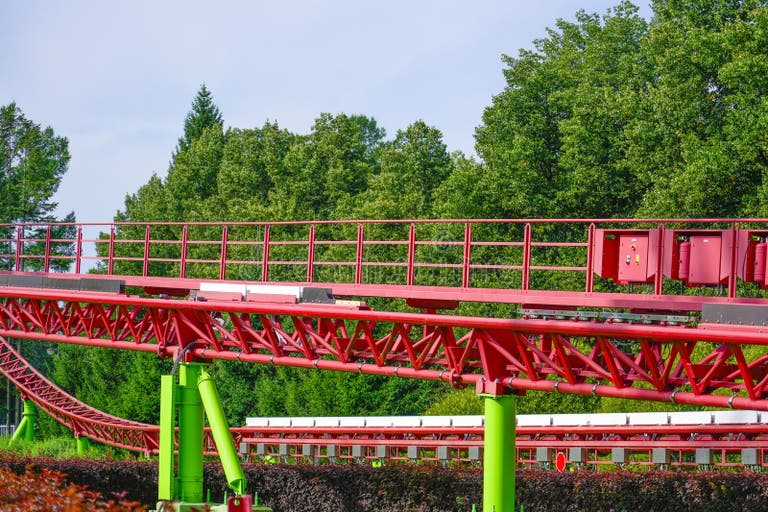 View Roller Coaster City Park Trees. Acceleration Start Loop Metal Red ...