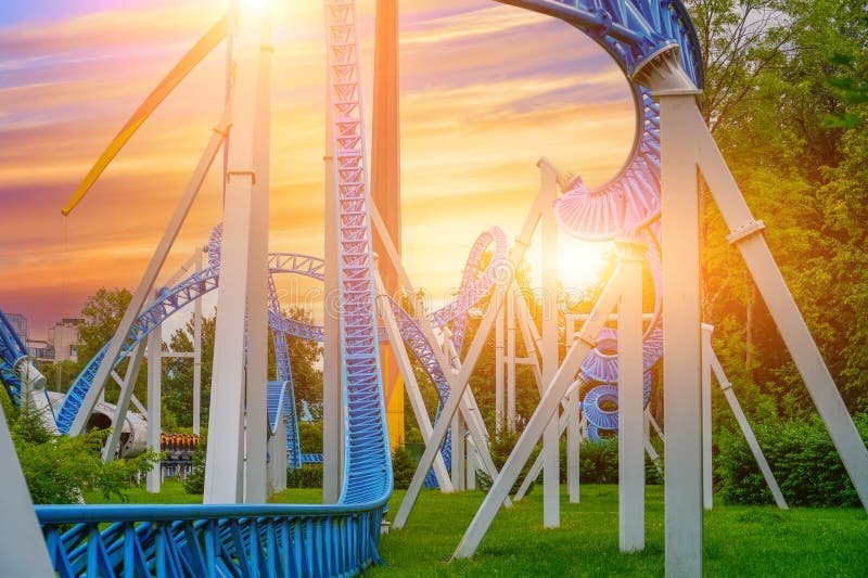 View Roller Coaster Loop Upside Down City Park Sunset. Loop Metal Frame ...