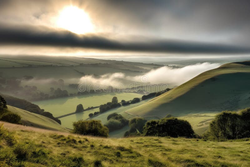 View of Rolling Hills, with Mist Rising from the Ground, and Sun ...