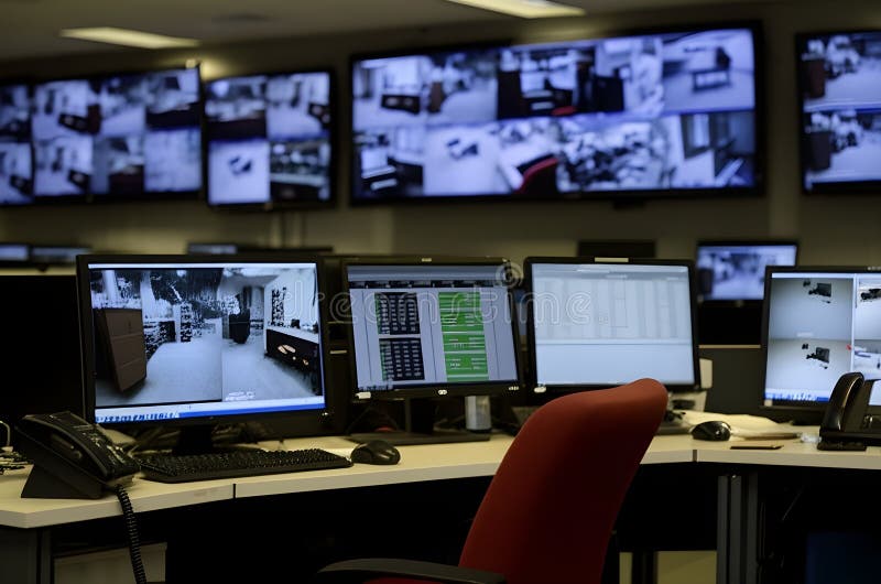 View of a Room with Multiple Monitors and a Red Chair Stock Photo ...