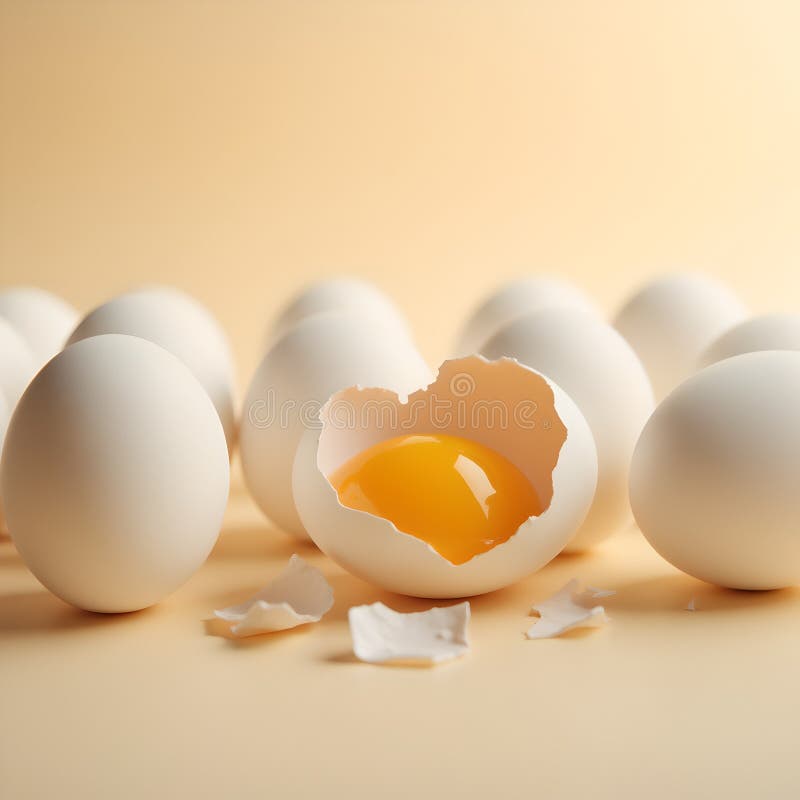 A Row of Intact White Eggs with a Single Broken Egg in the Center Stock ...
