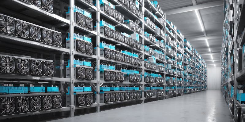 View of Rows of Cryptocurrency Mining Equipment on Shelves in a Large ...
