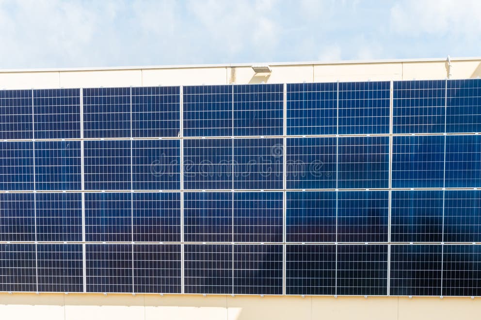 View of Rows of Solar Panels with Perspective Angle and Blue Sky. Stock ...