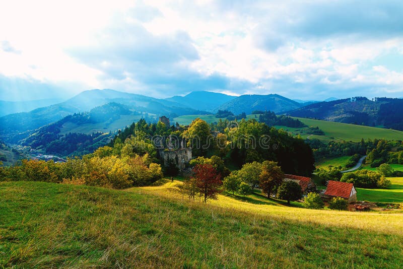 View of Ruin Castle in Beutiful Landscape Stock Photo - Image of clouds ...