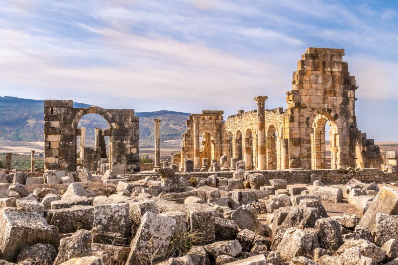 View at the Ruins of Basilica Building of Ancient Town Volubilis ...