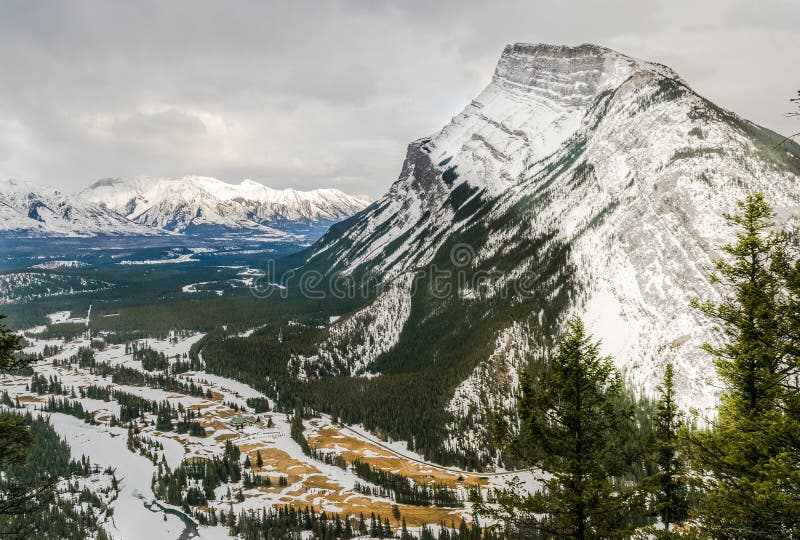 View of Rundle Mountain during the Winter Stock Image - Image of snow ...