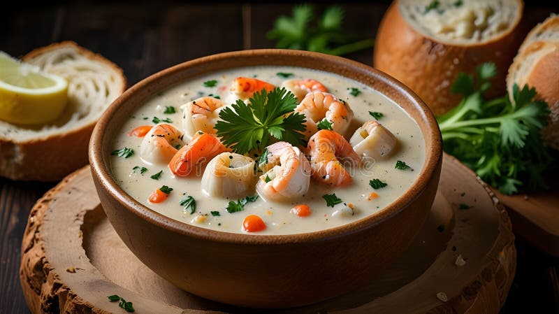 A Rustic Seafood Chowder in a Bread Bowl, Garnished with Fresh Parsley ...