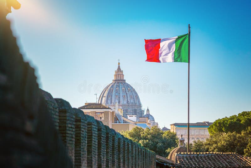 View on Saint Peter Basilica in Vatican and Waving Italian Flag. Stock ...