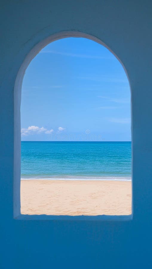 View of the Sandy Beach through the Arched Window Stock Photo - Image ...