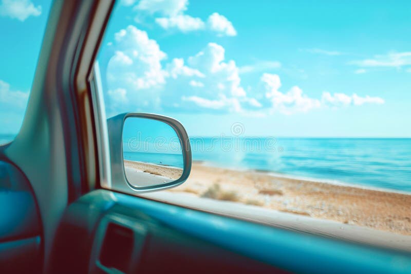 View of a Sandy Beach and Ocean through a Car Side Mirror, Capturing a ...