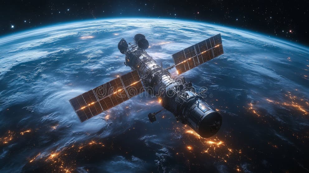 View of a Satellite Spacecraft Orbiting Earth with Solar Panels ...