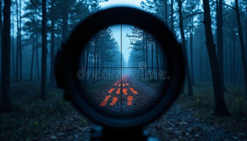Rifle Scope View of Forest Path with Footprints Stock Illustration ...
