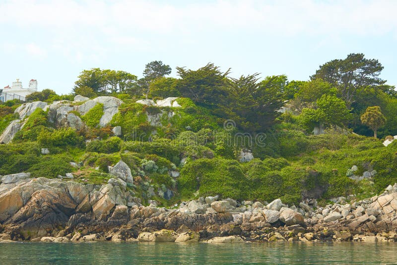 View from the Sea To the Greeny Cliffs with Exotic Trees, Moss and Blue ...
