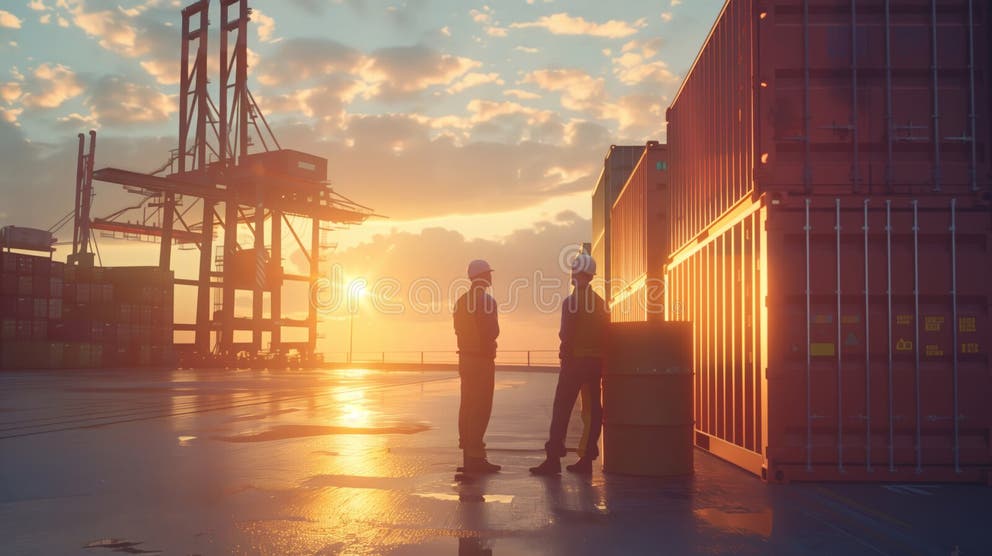 View of the Seaport at Sunset. Two Seaport Workers Stand in Front of ...
