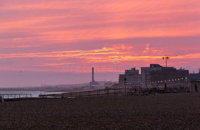 View of Seaside and Sunset Sky at Brighton Beach Stock Photo - Image of ...