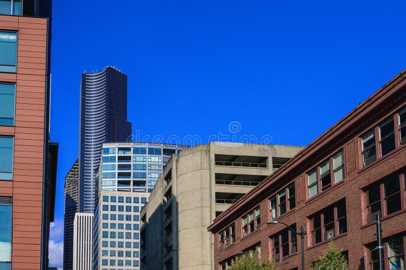 VIEW of the SEATTLE SKYLINE with a UPWARD ANGLE in the SCORE AREA of ...