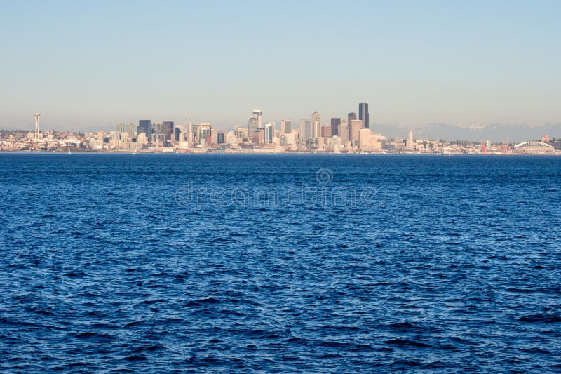 View of Seattle Waterfront from the Sea at Sunset Stock Image - Image ...