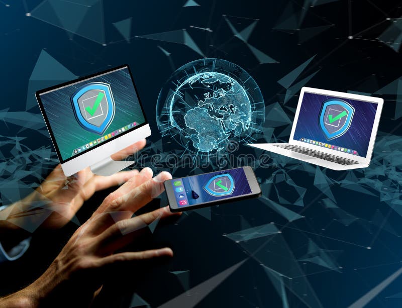 Security Shield Symbol Over a Network Connection of Different De Stock ...