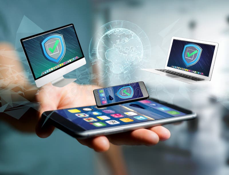 Security Shield Symbol Over a Network Connection of Different De Stock ...