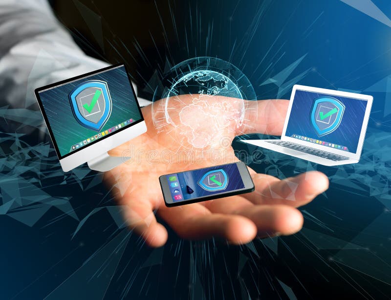 Security Shield Symbol Over a Network Connection of Different De Stock ...