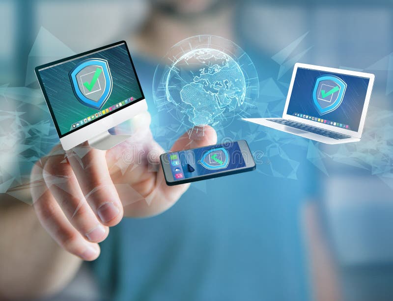Security Shield Symbol Over a Network Connection of Different De Stock ...