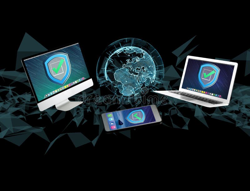 Security Shield Symbol Over a Network Connection of Different De Stock ...