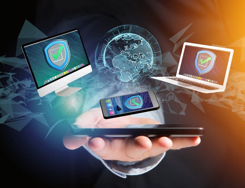 Security Shield Symbol Over a Network Connection of Different De Stock ...