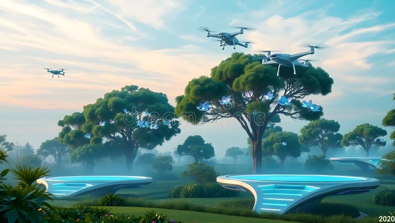 A Serene Futuristic Park with Floating Platforms Stock Illustration ...