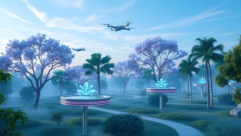 A Serene Futuristic Park with Floating Platforms Stock Illustration ...