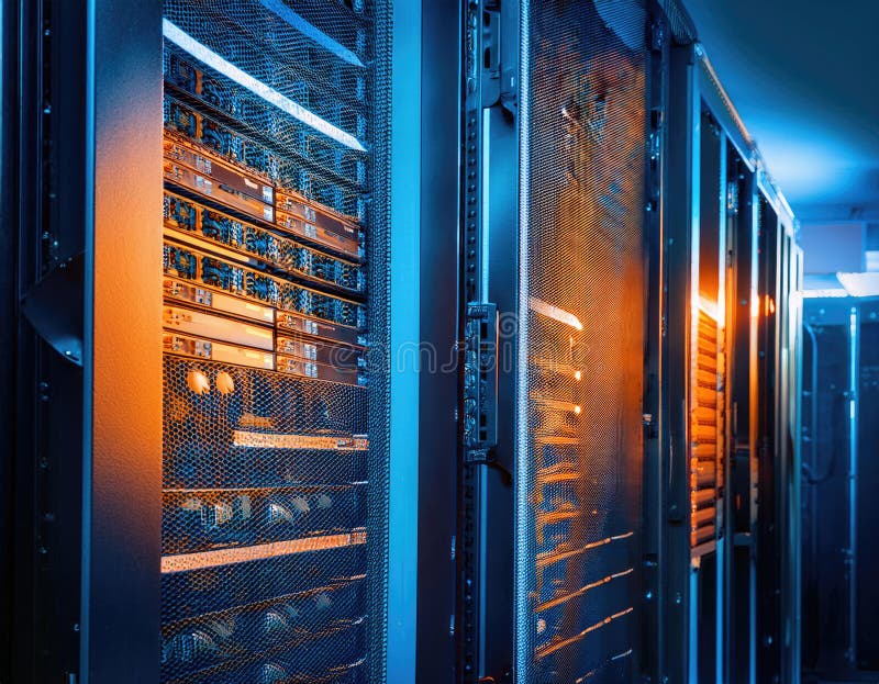 Server Room with Rows of Racks Highlighted by Blue and Orange Lighting ...
