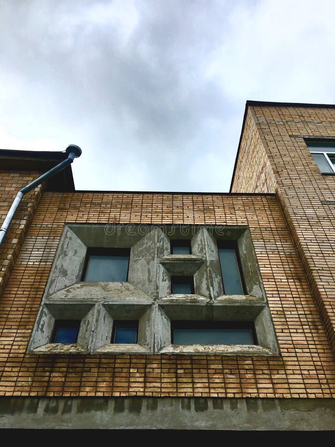 View of a Set of Square Windows. Old Soviet Building. Background Yellow ...