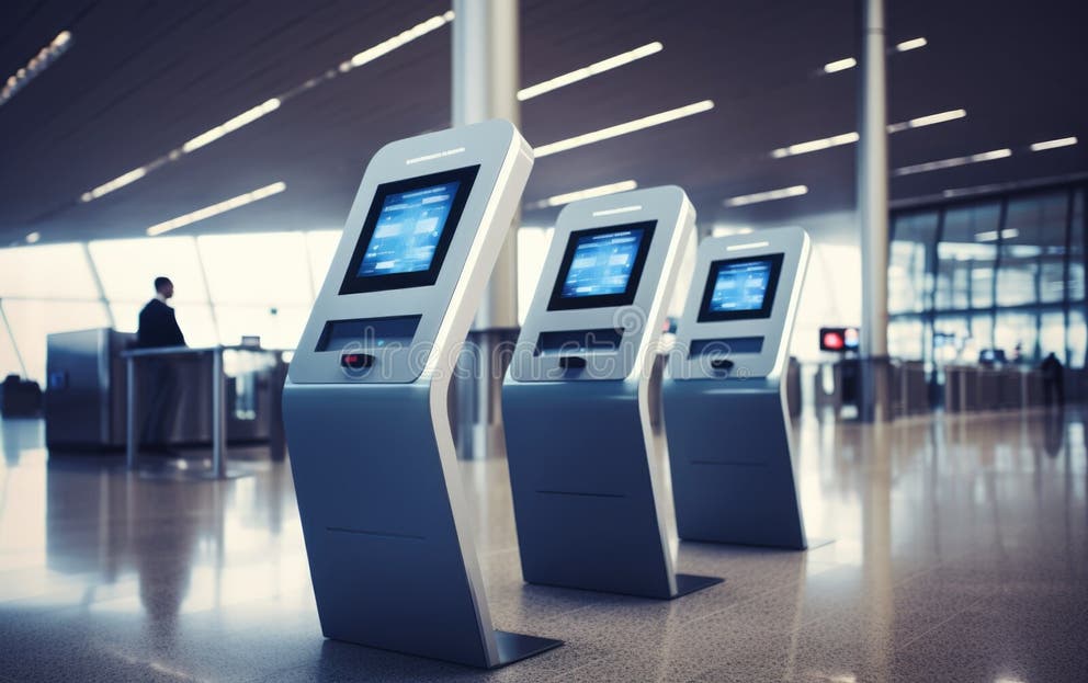 View of Several Self Check-in Kiosks in Line Inside an Empty Airport ...
