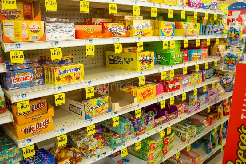 Candy aisle at the store editorial photo. Image of flavor - 158166741