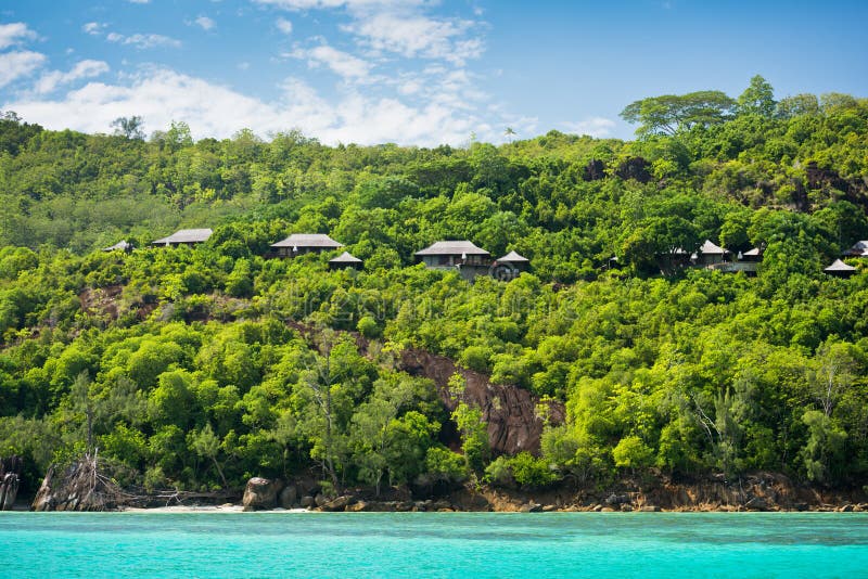 View of Seychelles Coastline with Houses in the Forest Stock Photo ...