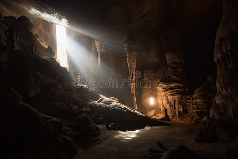 View Of Shaft With Sunlight Illuminating The Cave And Spelunking Ropes Visible Stock