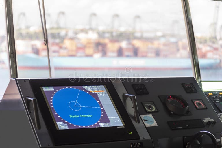 View on the Control Console, with Radar Display, of the Container Ship ...
