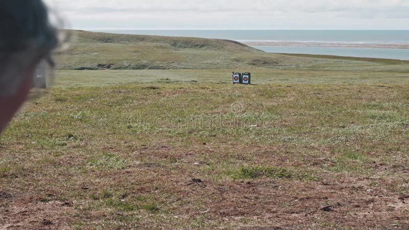 Back View of Unrecognizable Shooter Shooting into Target. Gun ...