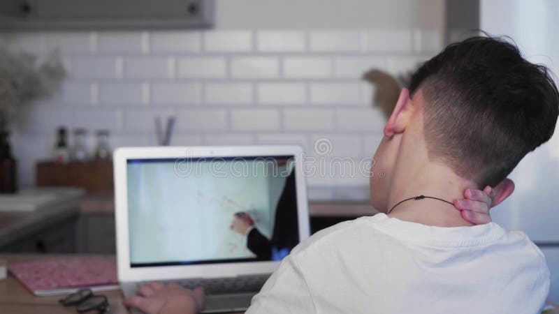 A View from the Shoulder of a Boy Doing Homework. Graphs on the Laptop ...