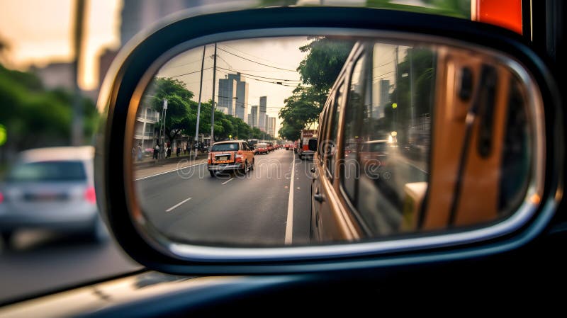 View from Side Mirror of Some Public Transport on a Road of the City ...
